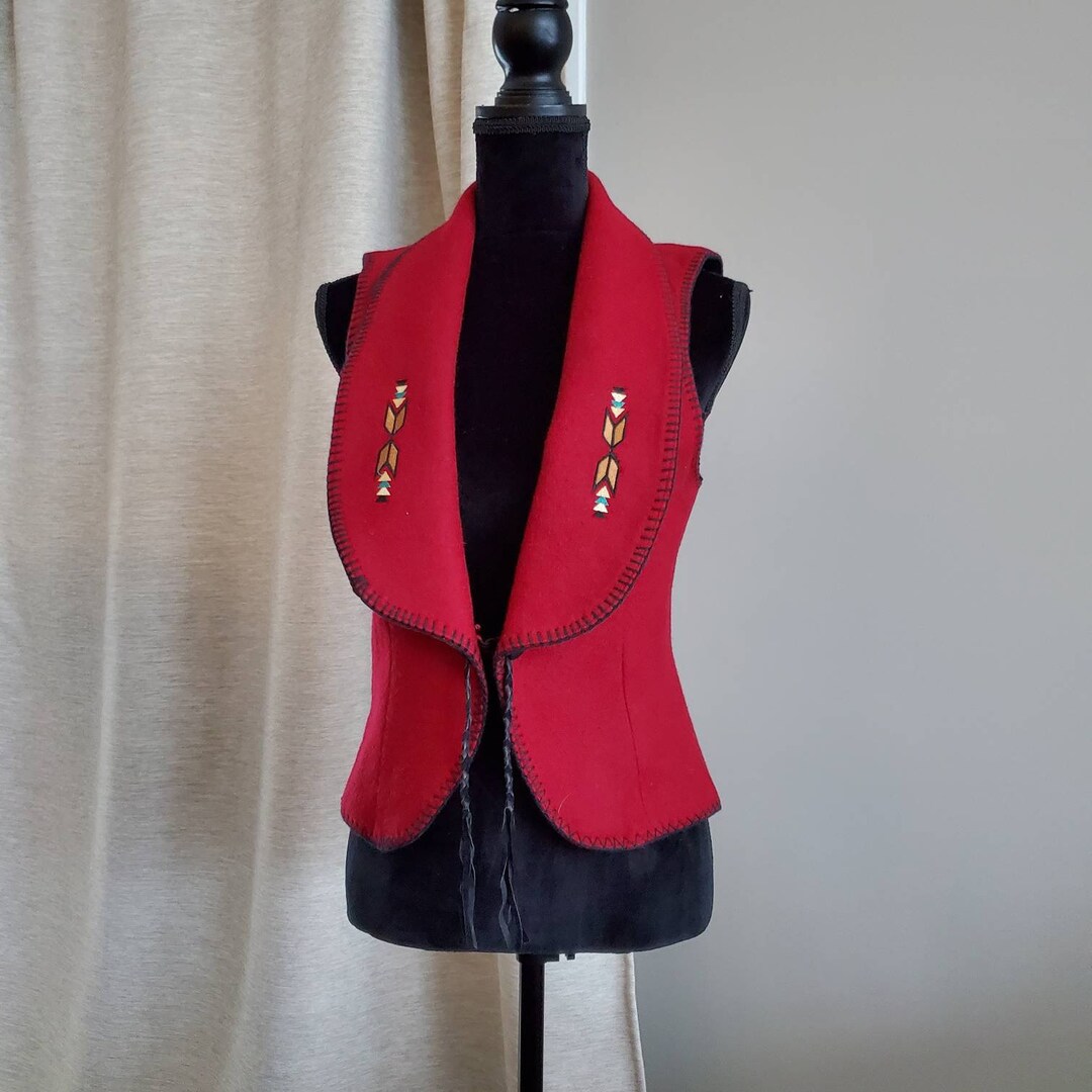 Vintage Red Wool Equestrian Vest: Embroidered Blanket Stitch, Size 8-10 ...