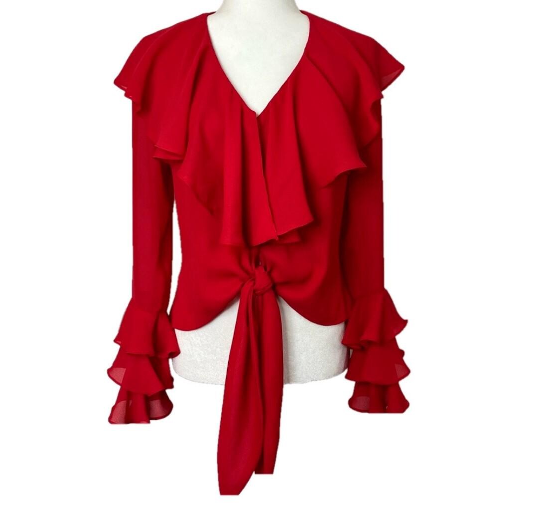 Red Ruffled Collar Front Tie Flounce Sleeve Flamenco Festive Blouse - Etsy
