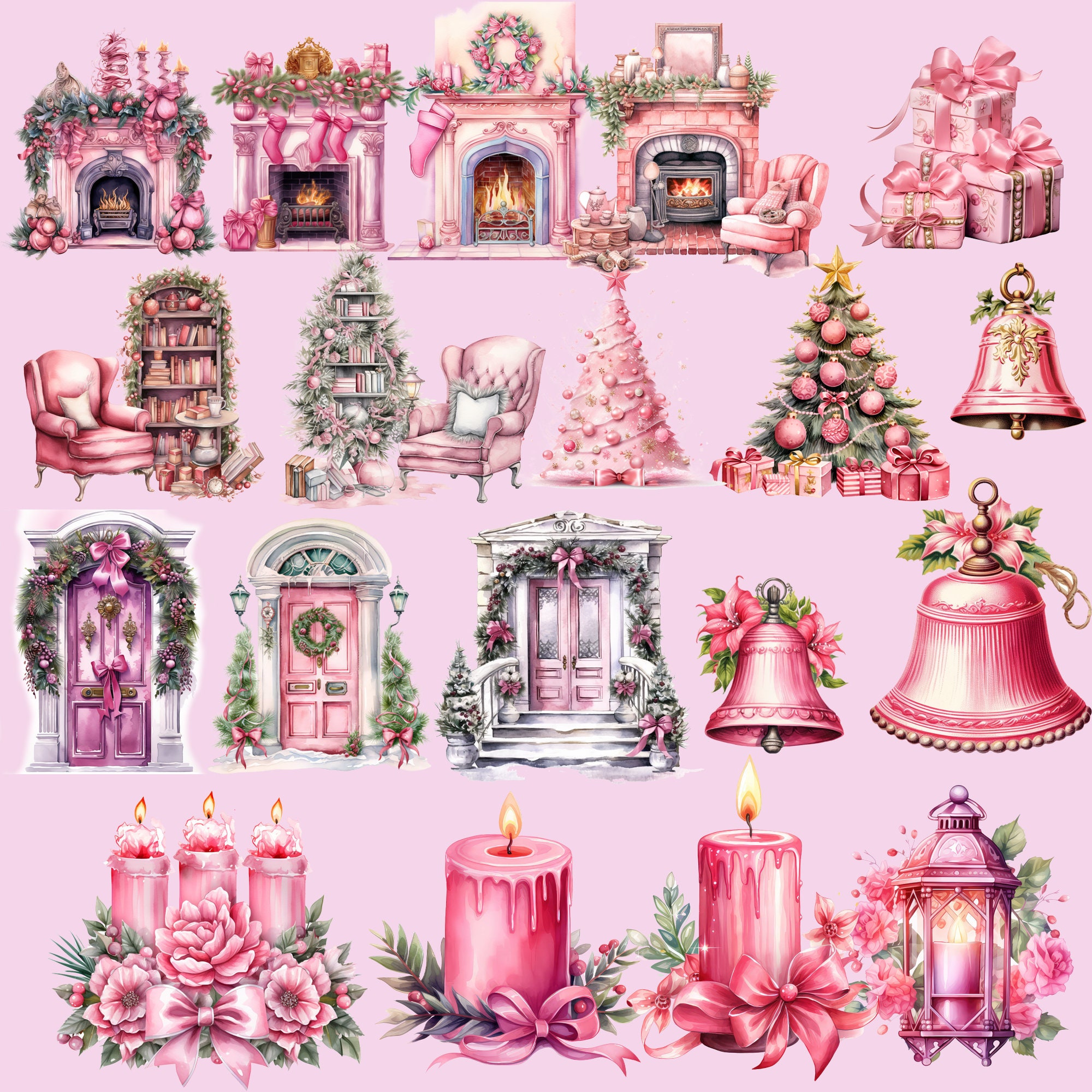86 Watercolor Pink Christmas Clipart PNG Bundle | Pink Winter Christmas ...