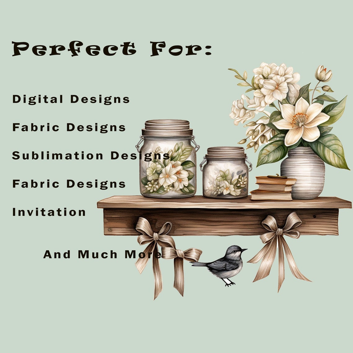 24 Floral Masson in Jar Watercolor Sublimation PNG Bundle for Crafts ...