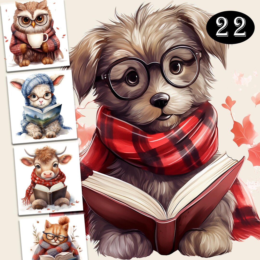 22 PNG Watercolour Booklover Animals Clipart Bundle, Reading Animals ...