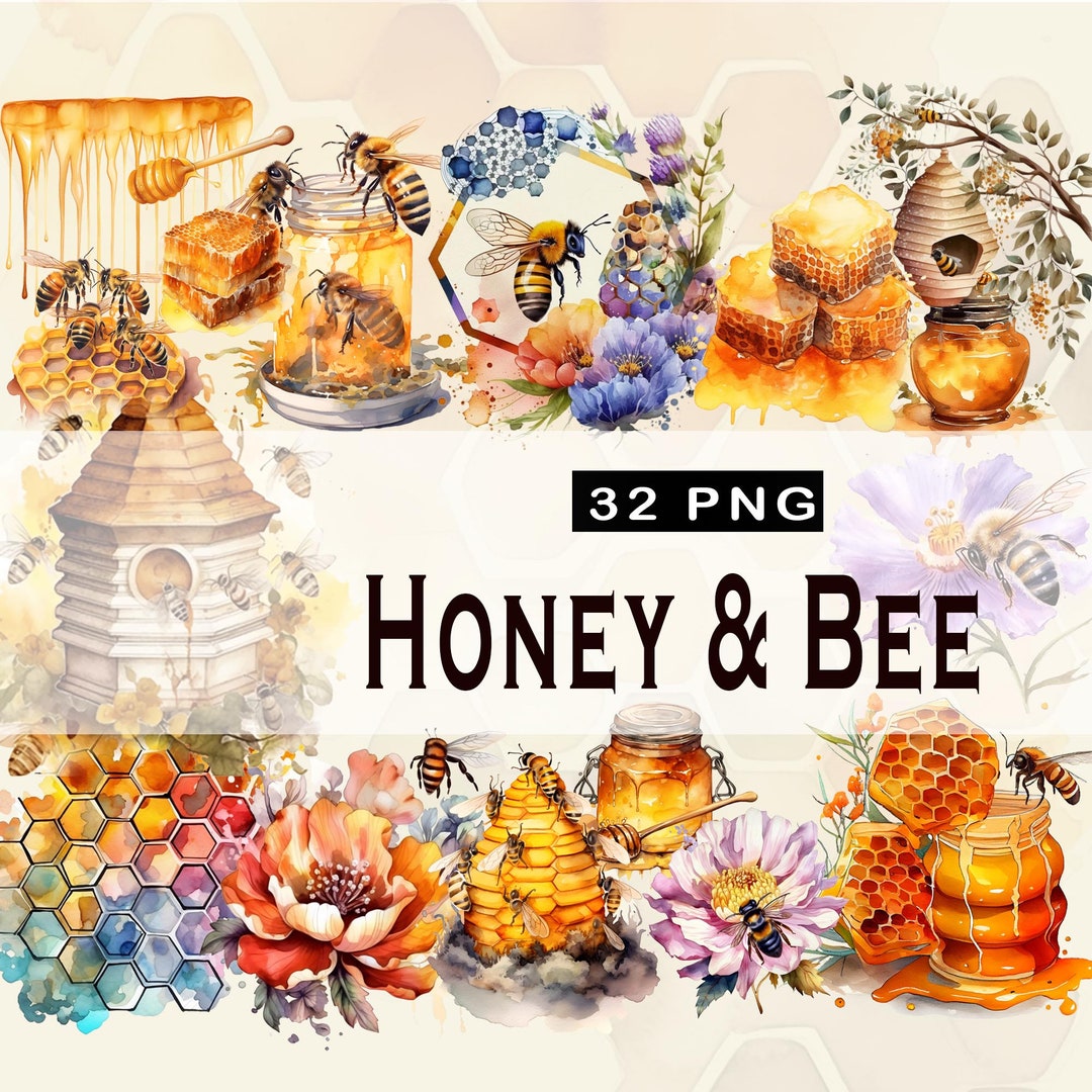 Bees Watercolor Clipart, Honey Clip Art, Jars With Honey Clipart, 32 ...