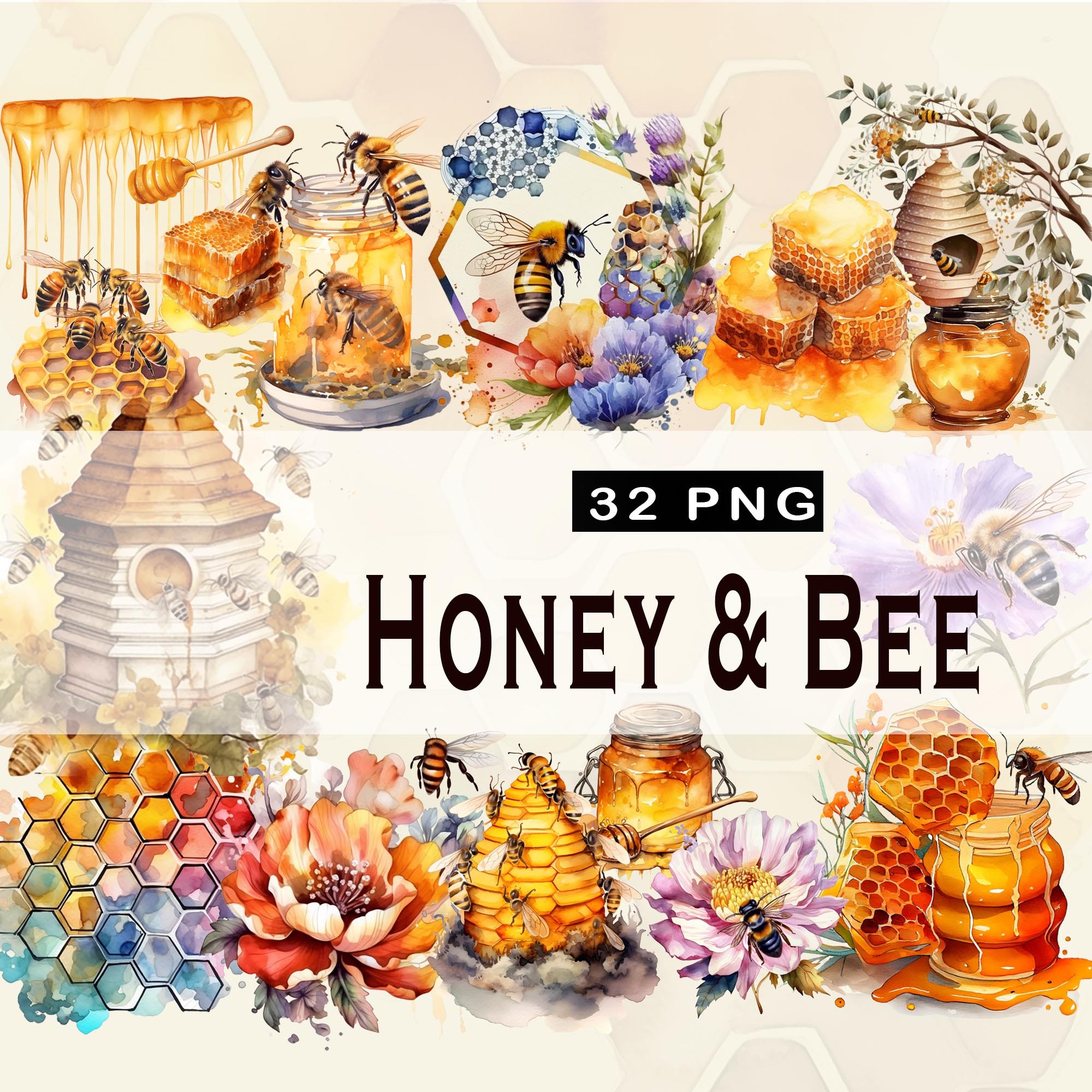 Bees Watercolor Clipart, Honey Clip Art, Jars With Honey Clipart, 32 ...