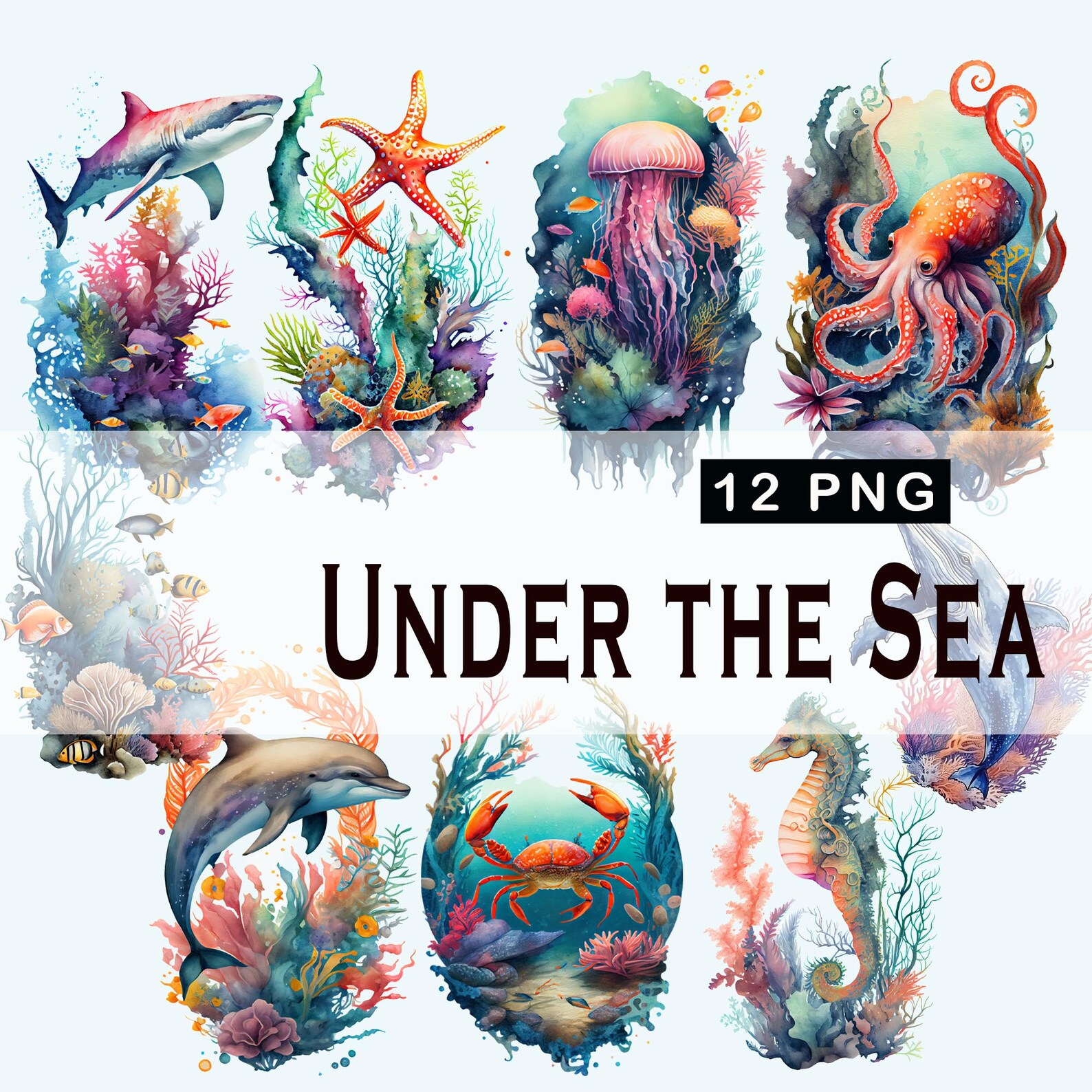 Under the Sea Clip Art, Watercolor Fish Under the Sea Clip Art, Dolphin ...