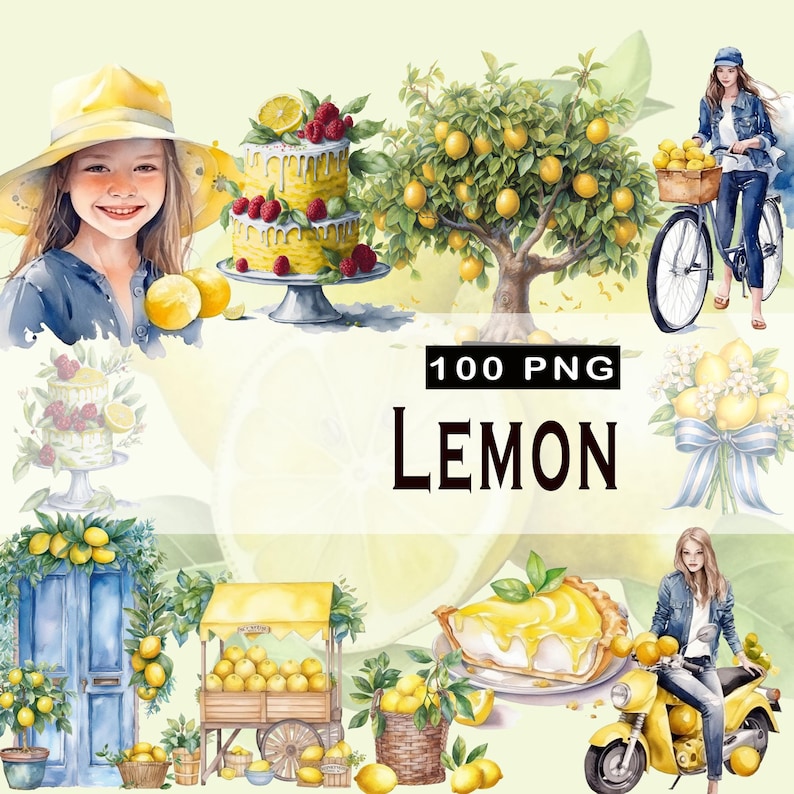 100 - Lemons Watercolor Clipart Bundle PNG Citrus Clipart Collections ...