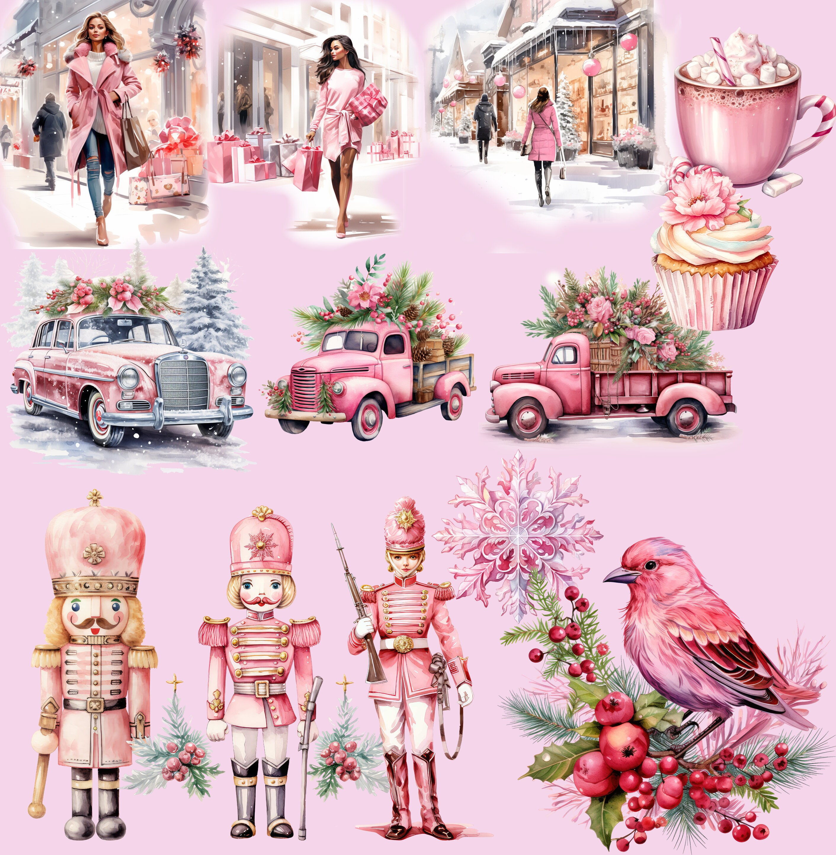 86 Watercolor Pink Christmas Clipart PNG Bundle | Pink Winter Christmas ...
