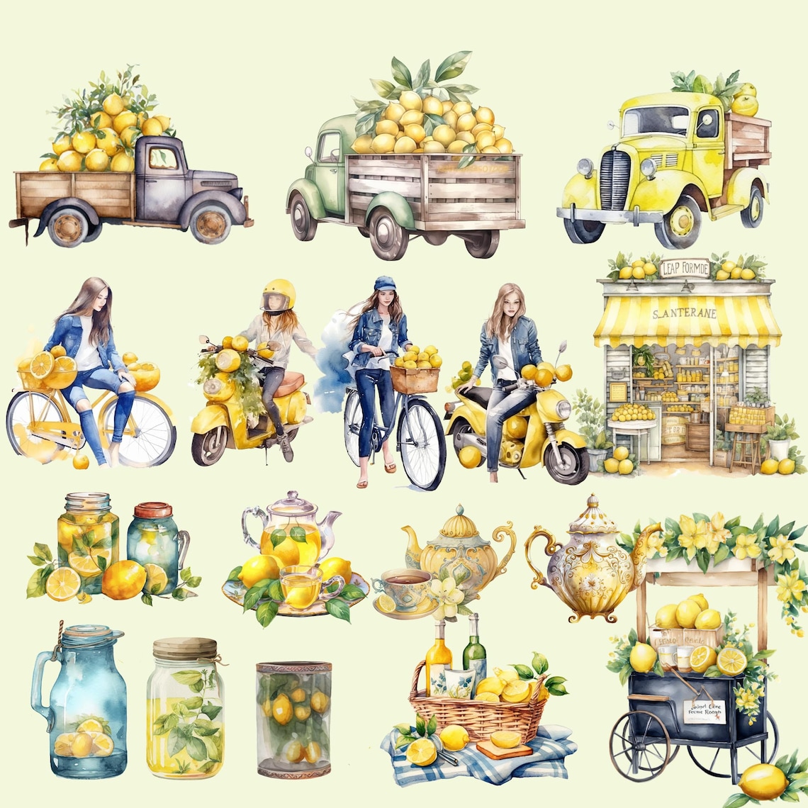 100 - Lemons Watercolor Clipart Bundle PNG Citrus Clipart Collections ...