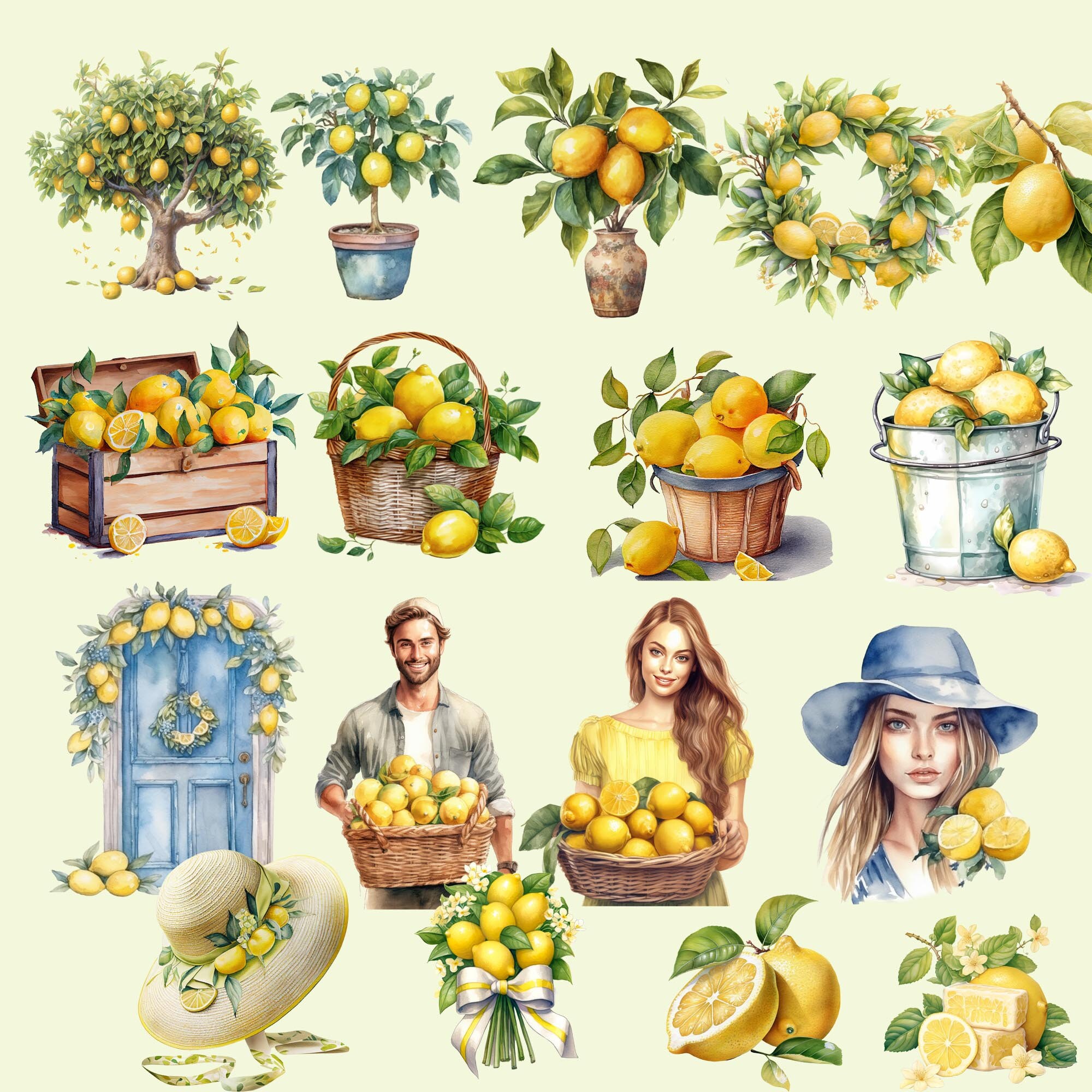 100 - Lemons Watercolor Clipart Bundle PNG Citrus Clipart Collections ...
