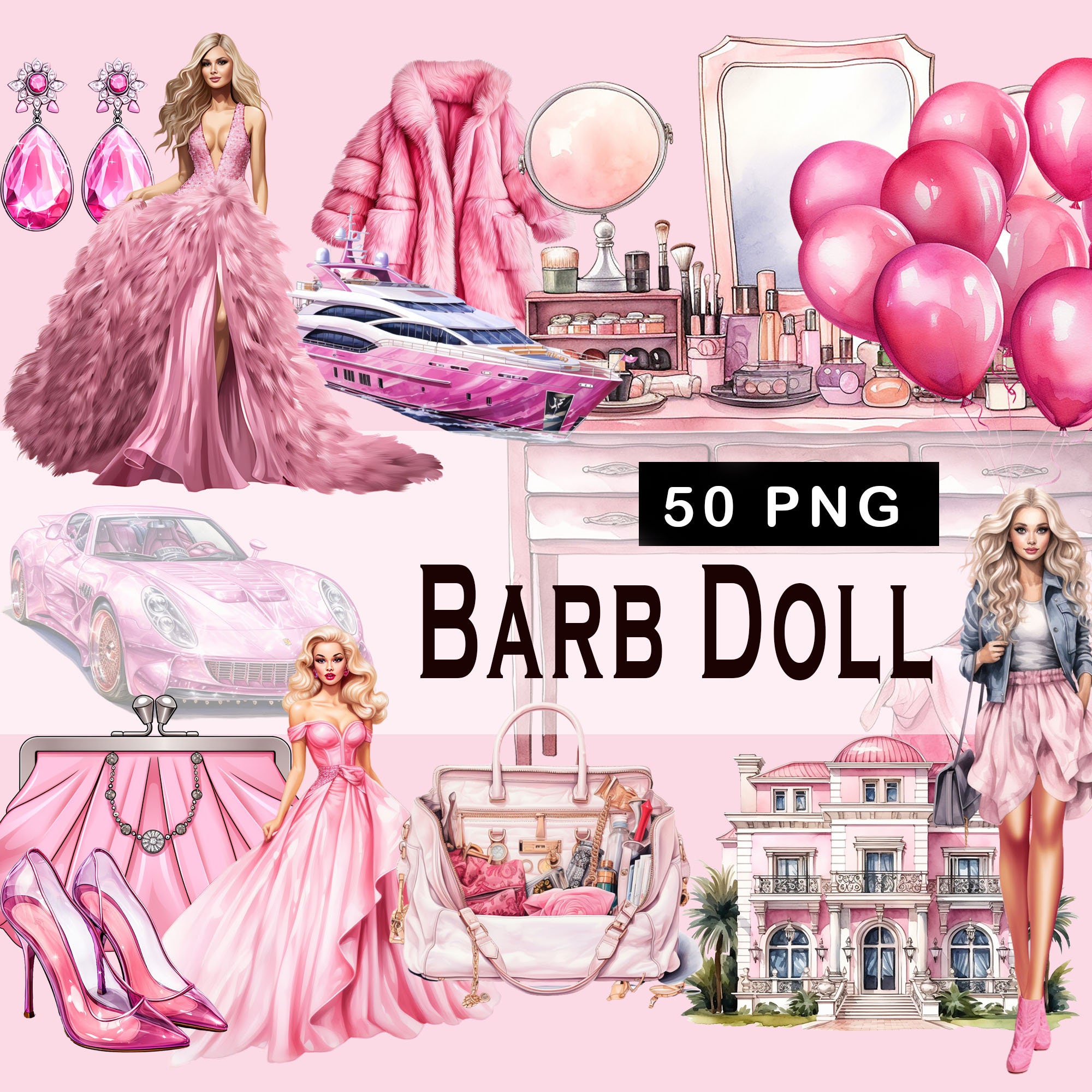 Pink Fashion Barb Doll Graphics, Doll Clipart Bundle, Girl Doll Png ...
