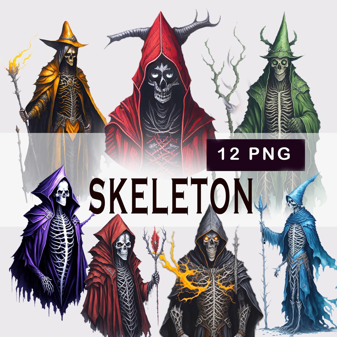 12 Skeleton Witch Clipart PNG Set, Skelton Bundle, Magic Commercial Use ...