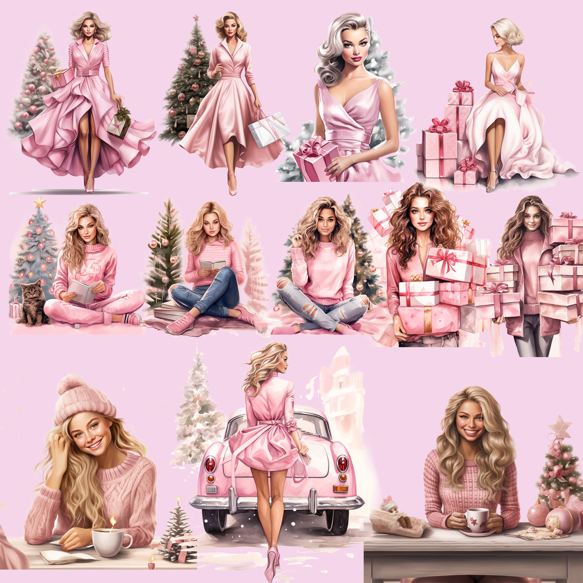 86 Watercolor Pink Christmas Clipart PNG Bundle | Pink Winter Christmas ...
