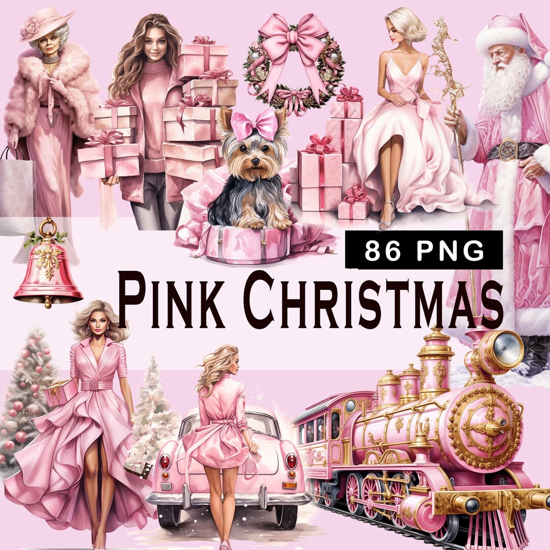 86 Watercolor Pink Christmas Clipart PNG Bundle | Pink Winter Christmas ...