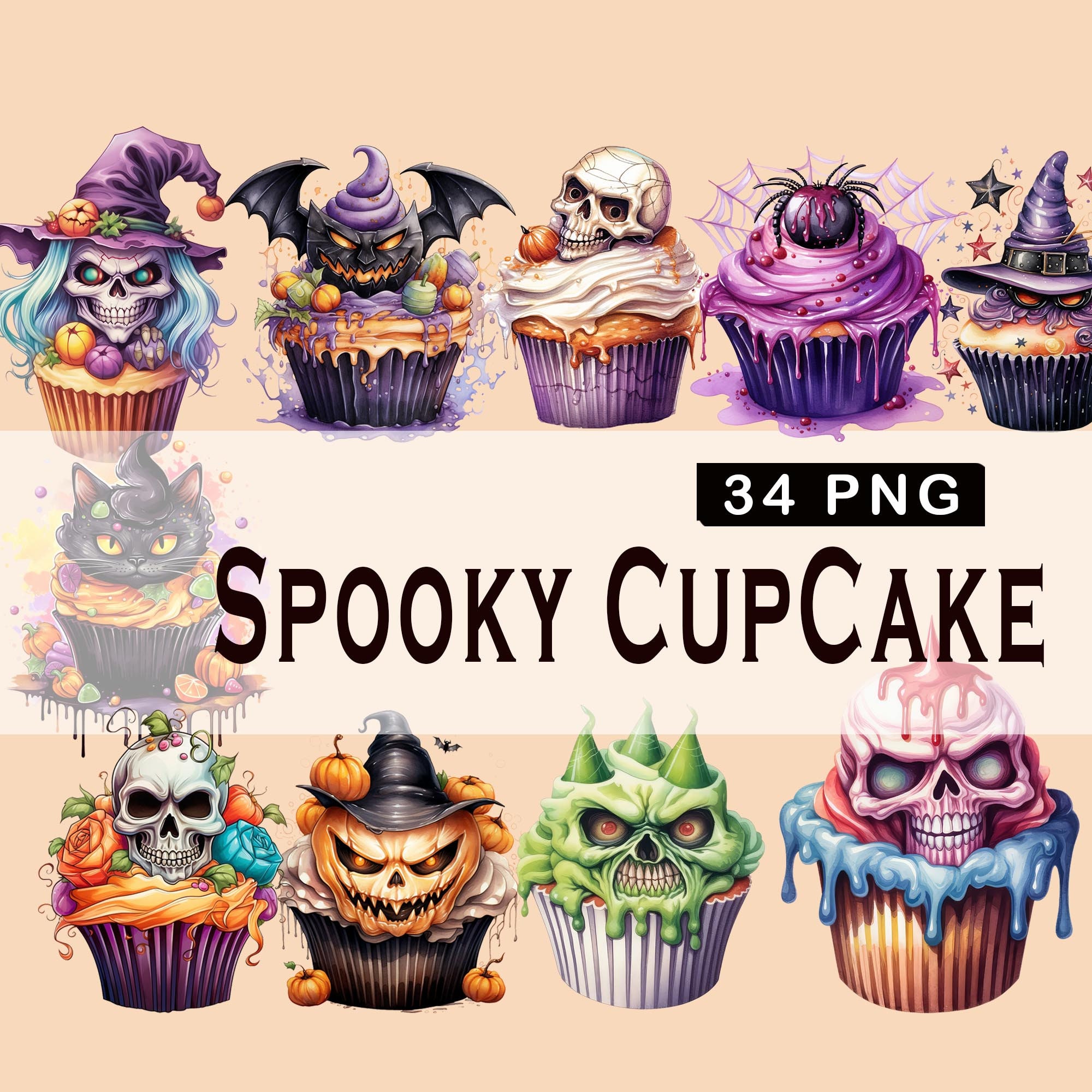 34 Watercolour Halloween Cupcake Clipart Halloween PNG Digital - Etsy