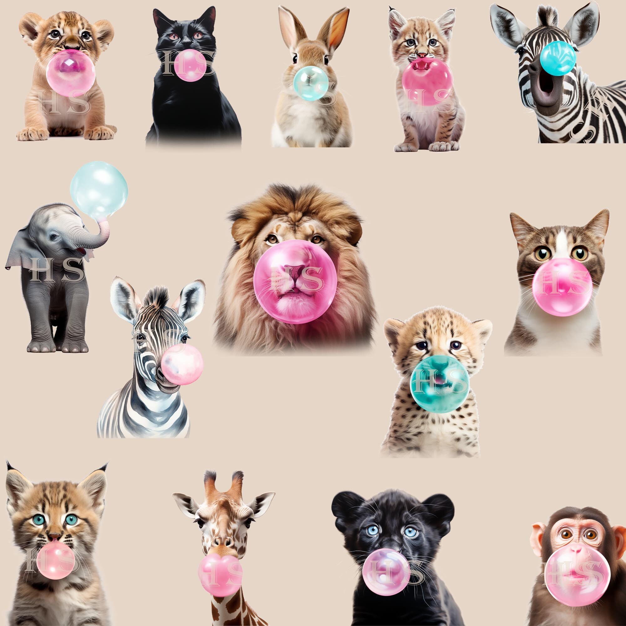 14 Watercolor Bubble Gum Animals Clipart, Cute Animals in PNG Format ...