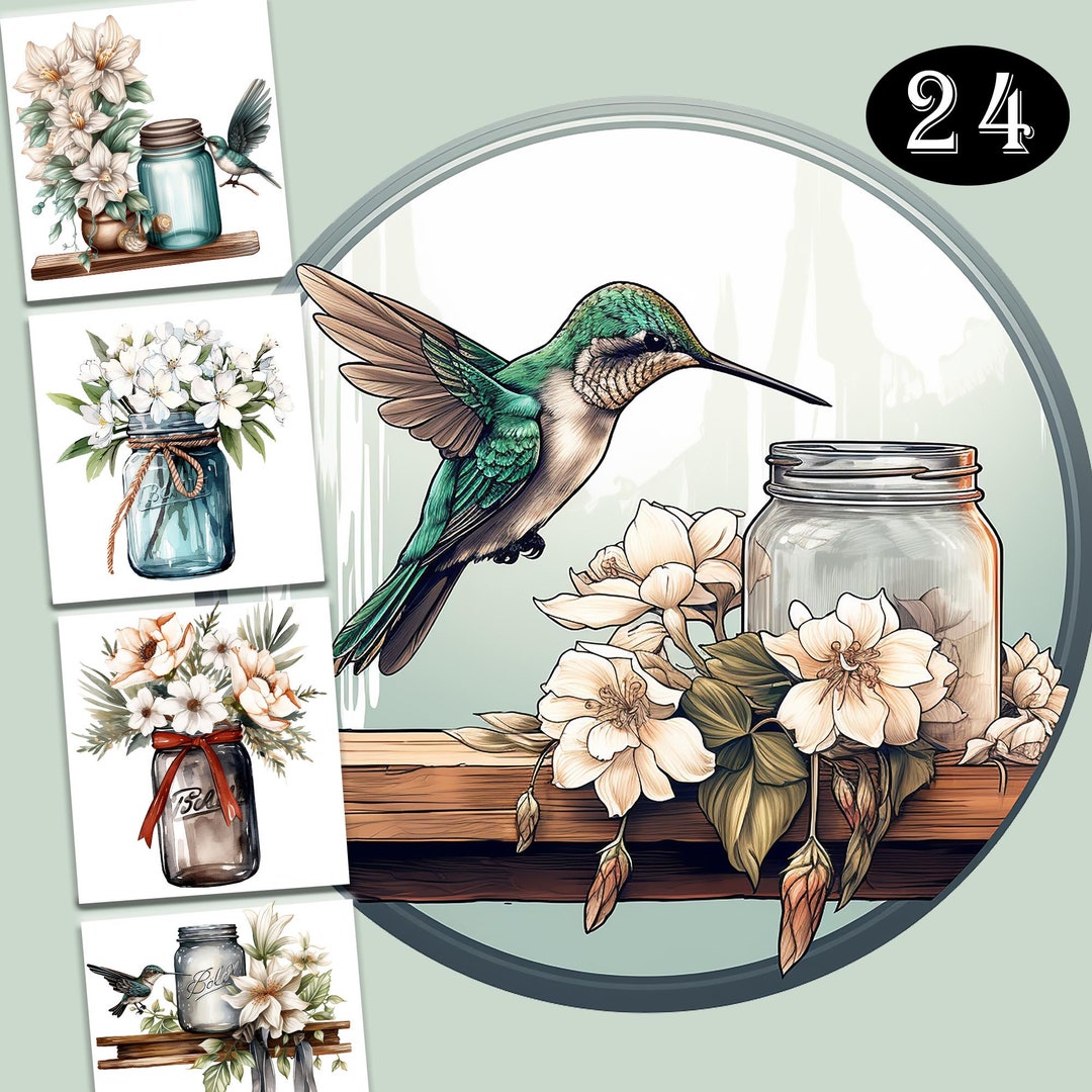 24 Floral Masson in Jar Watercolor Sublimation PNG Bundle for Crafts ...