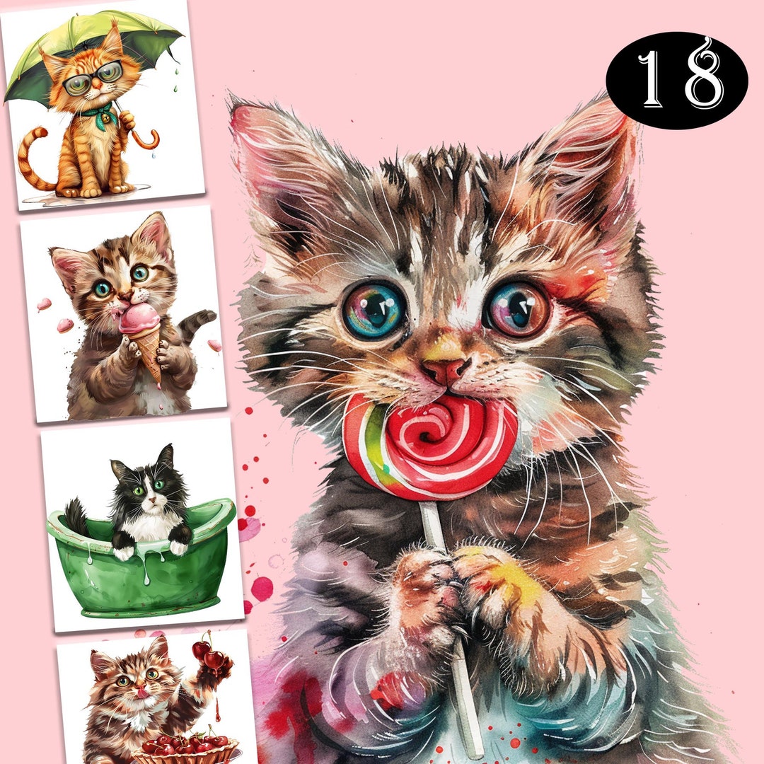 18 Funny Cyte Cat Clipart PNG Whimsical Cats Kitten Sublimation Clip ...