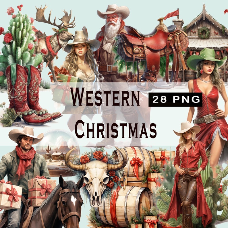 28 Western Christmas PNG Pack, Watercolor Clip Art, Cowboy Christmas ...