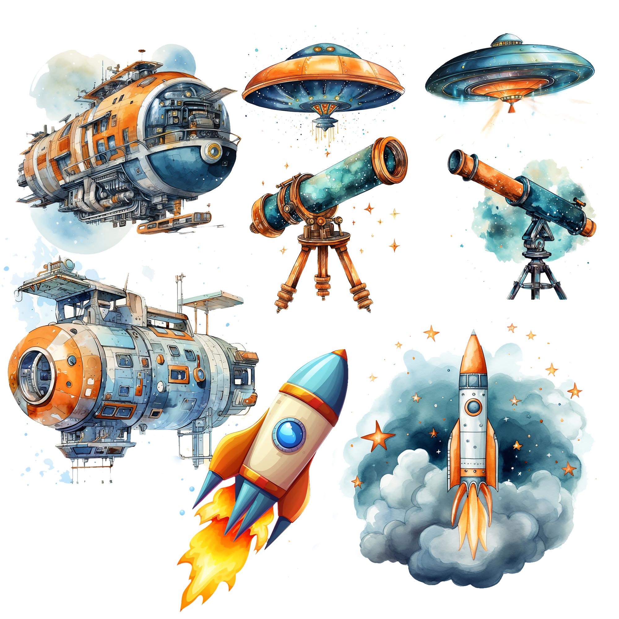 Watercolor Space Clipart | Planet, Spiral Galaxy, Moon, Observatory ...