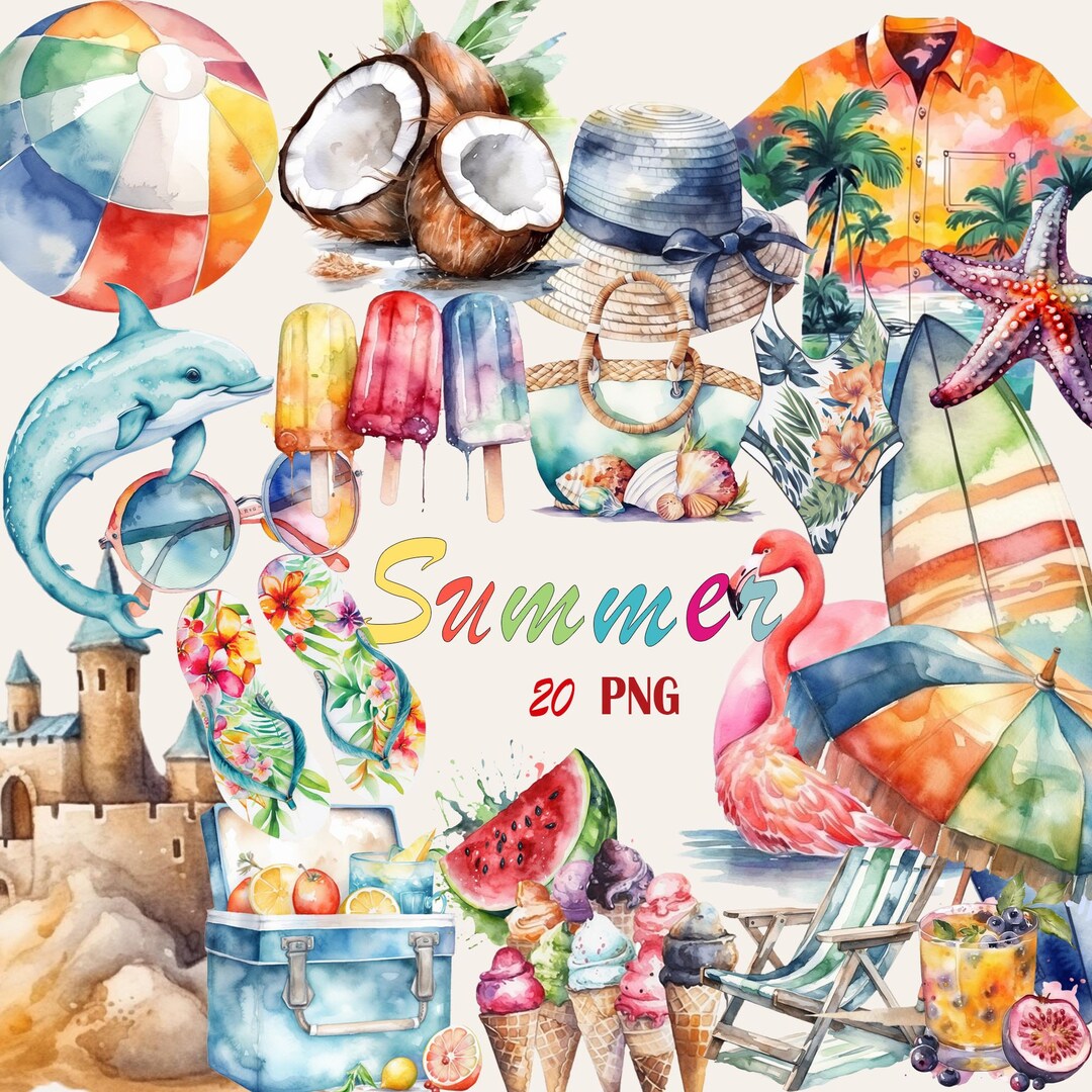 Watercolor Summer Clipart - Sun - Summer Sublimation, Vacation Clipart ...