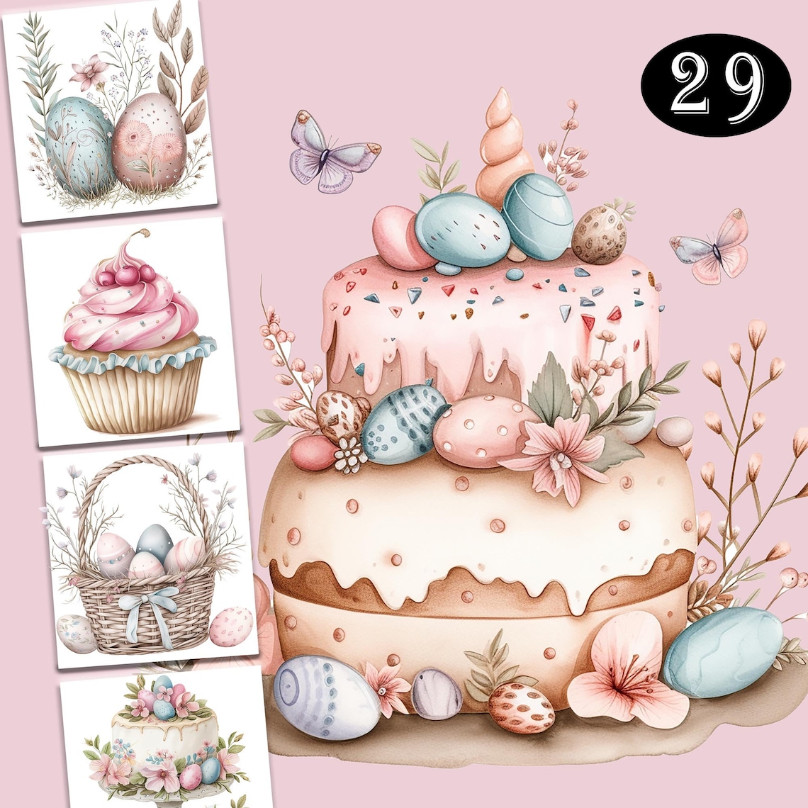 Watercolor Easter Cake Clipart, Easter Cupcakes, Easter Bunny, Chick ...