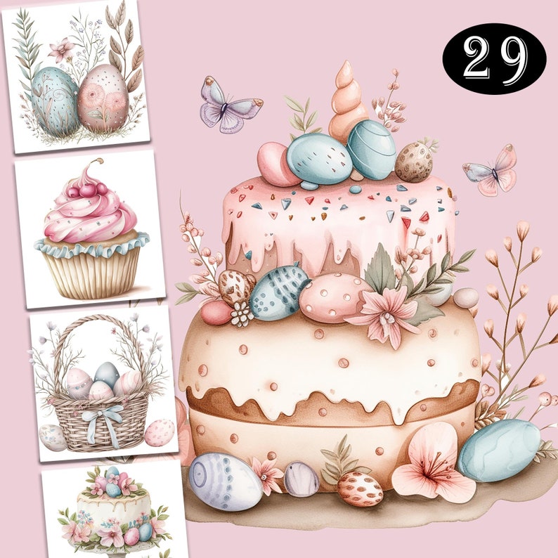 Watercolor Easter Cake Clipart, Easter Cupcakes, Easter Bunny, Chick ...