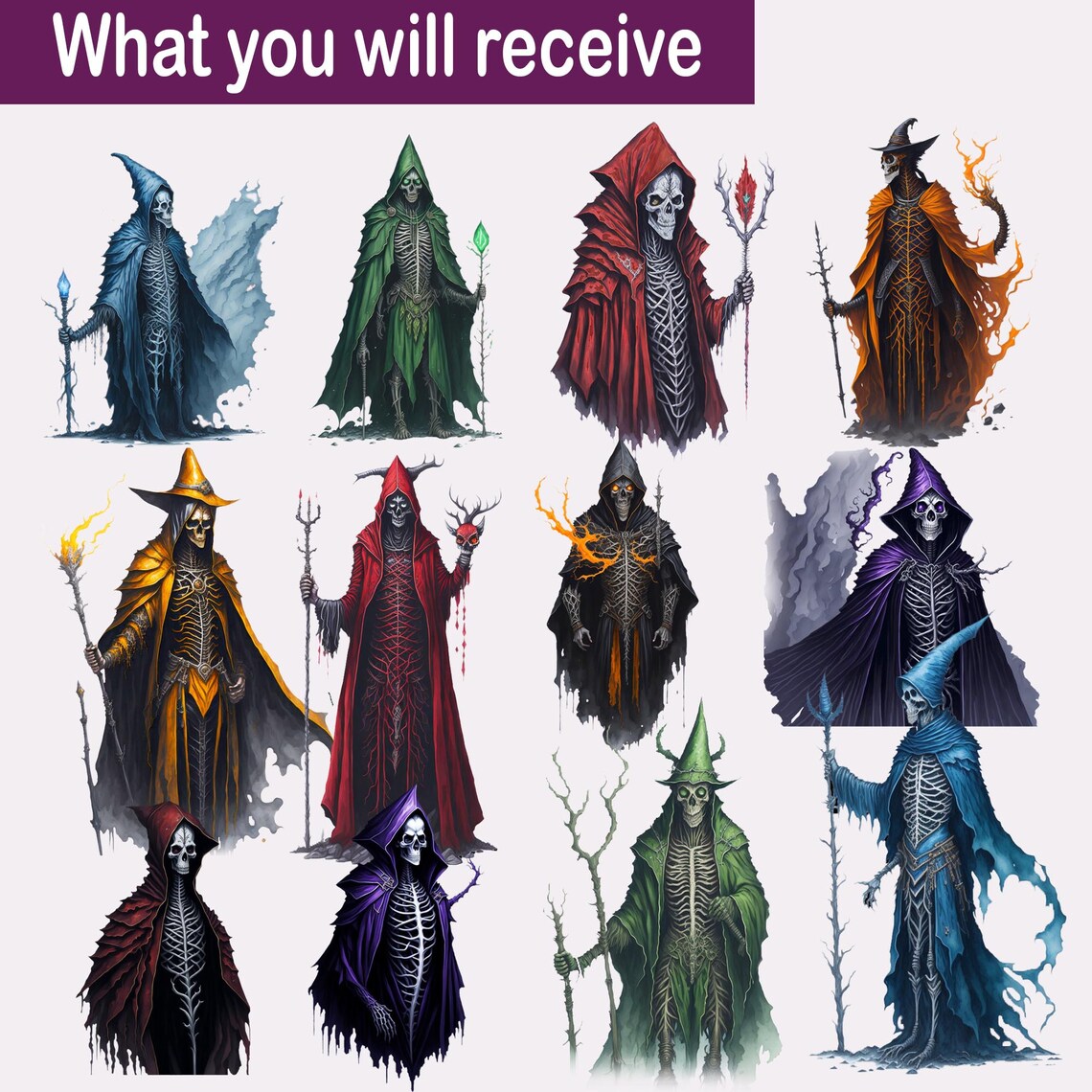 12 Skeleton Witch Clipart PNG Set, Skelton Bundle, Magic Commercial Use ...