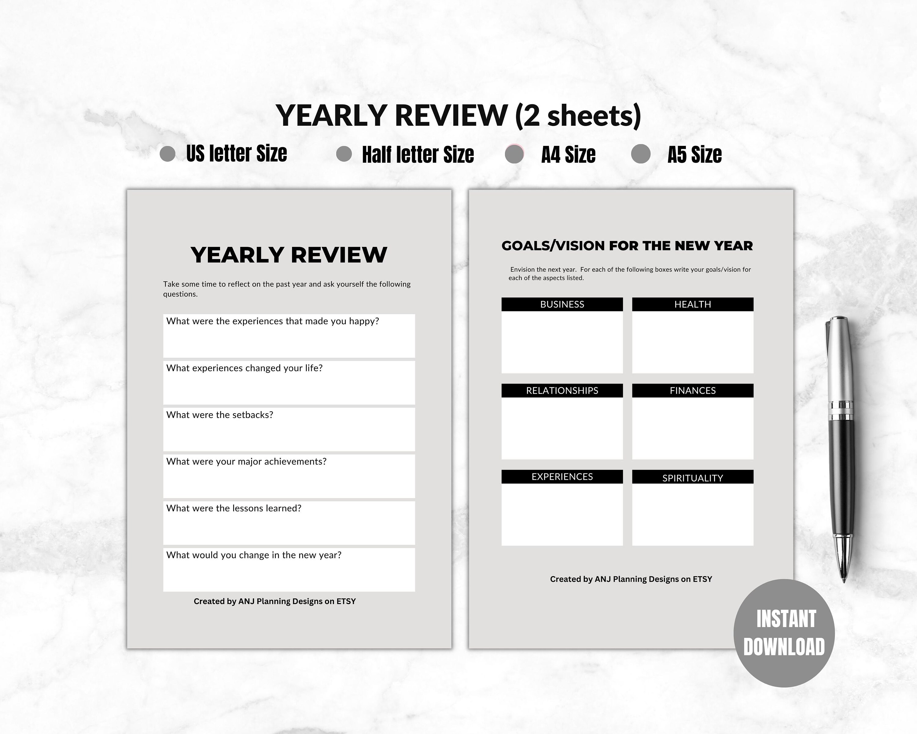 Yearly Review–yearly Planner, Printable Annual Reflection Template, New ...