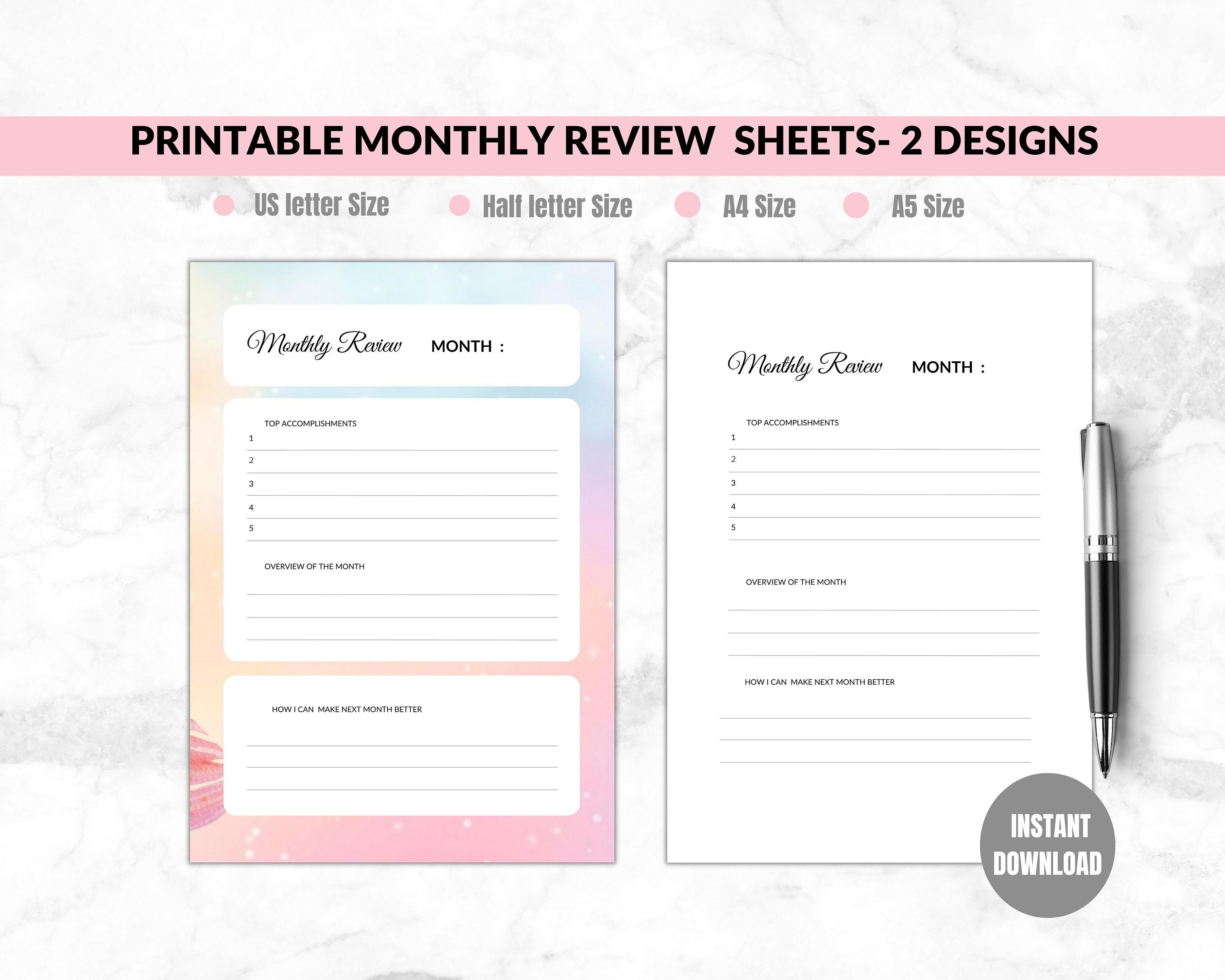 Monthly Review-printable and Fillable Planner Insert, Monthly Summary ...