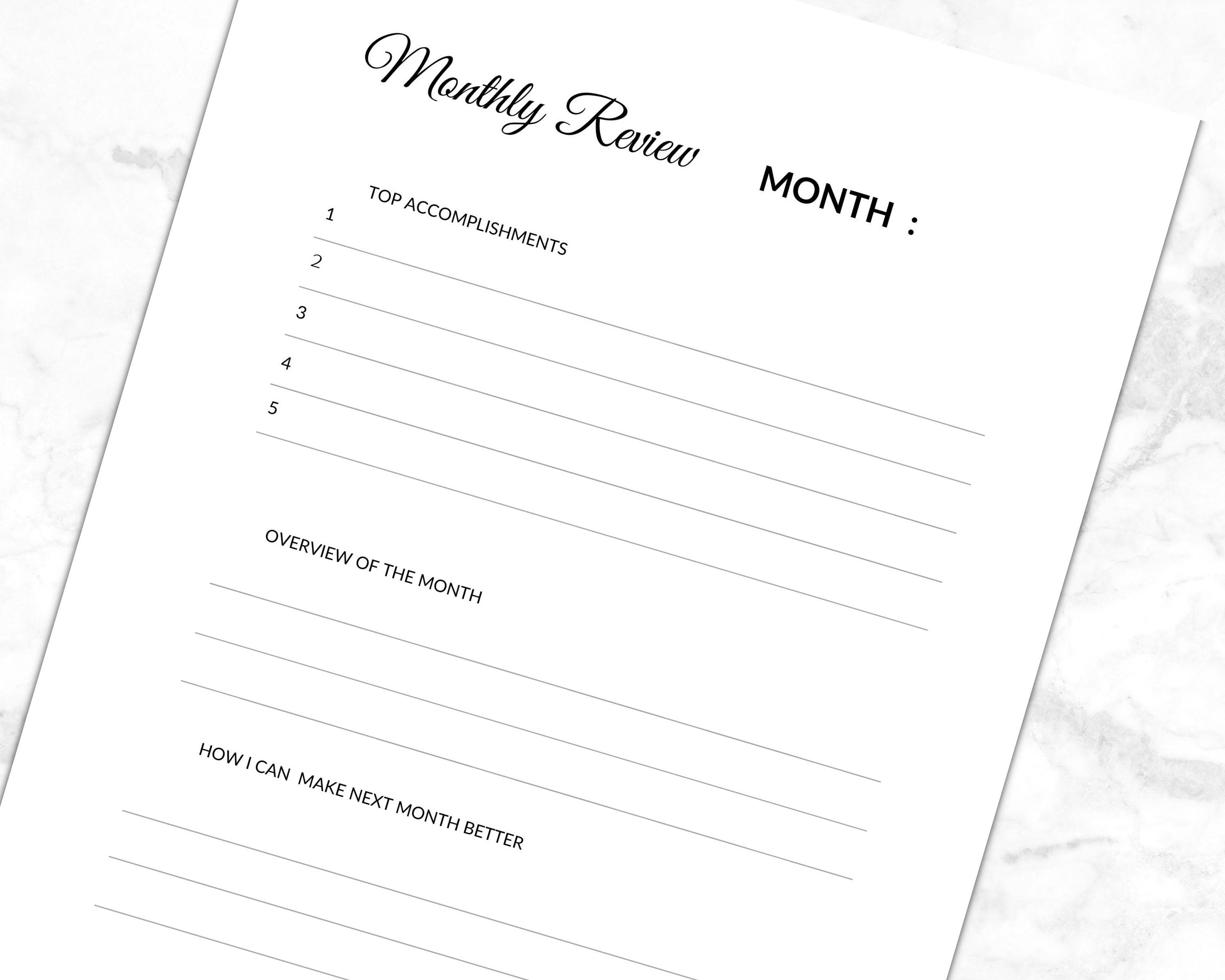 Monthly Review-printable and Fillable Planner Insert, Monthly Summary ...