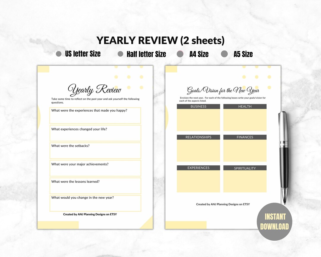 Yearly Review– Yearly Planner, Printable and Fillable Annual Reflection ...