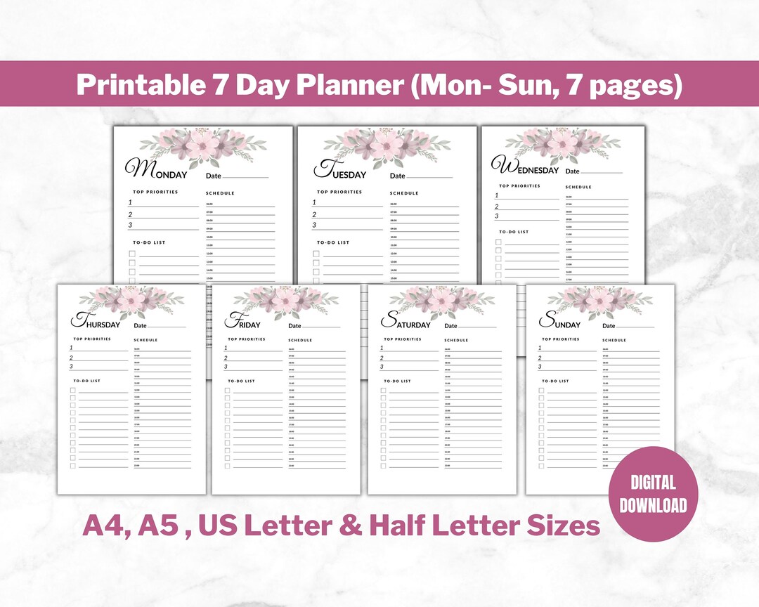 Printable 7 Day Planner Template for Personal/work Purposes, Fillable ...