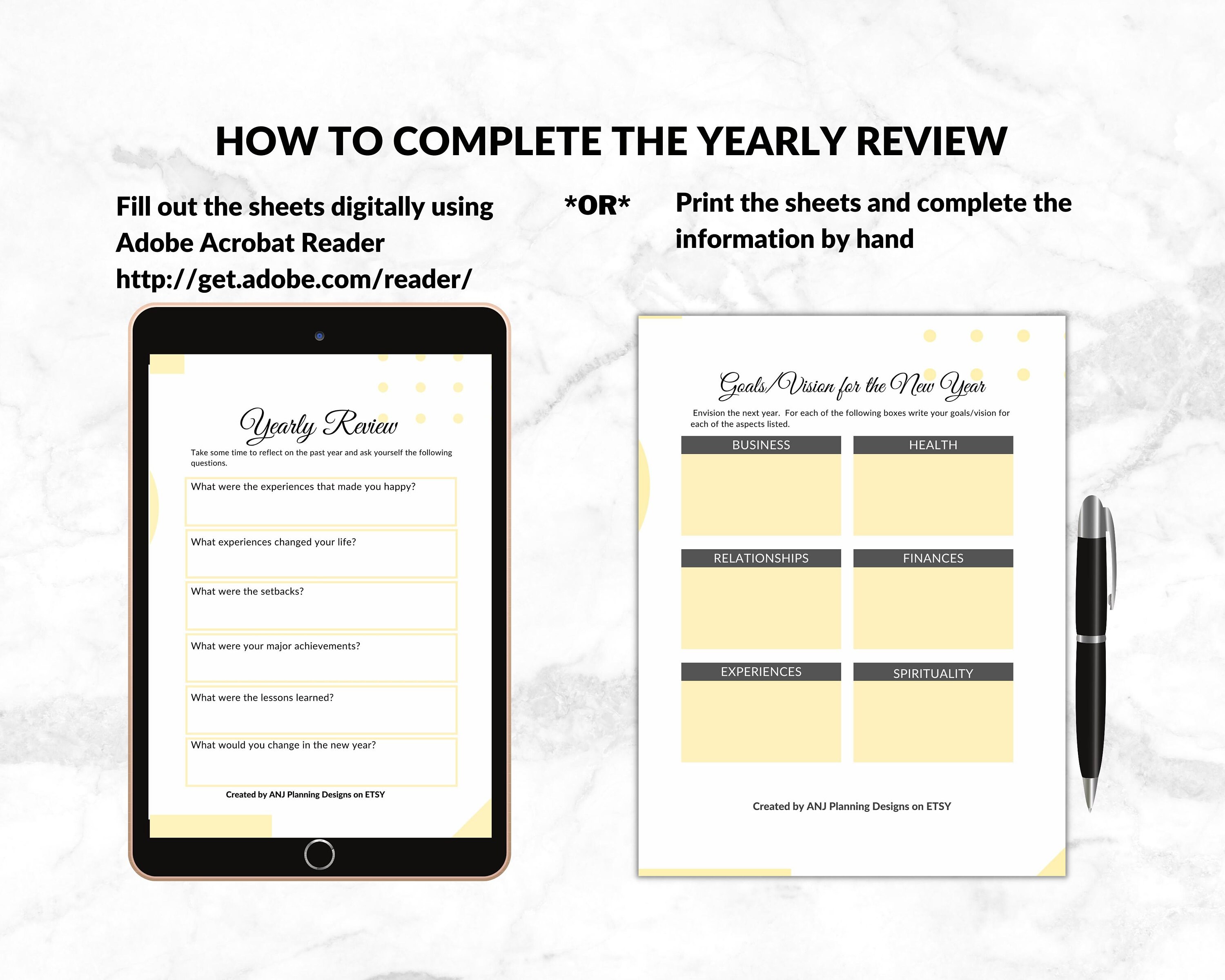 Yearly Review Yearly Planner, Printable and Fillable Annual Reflection ...