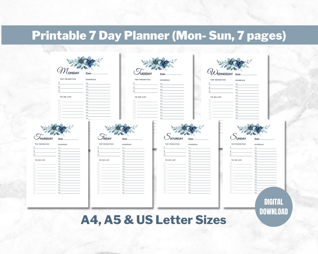 Printable 7 Day Planner for Work and Personal Use–us Letter, A4, A5 ...