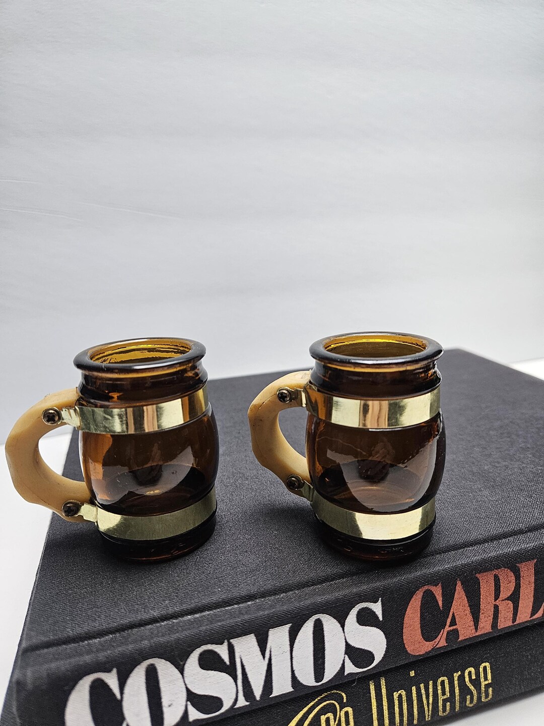 Vintage Amber Glass Beer Mug Shot Glasses Made in Taiwan, Retro Bar ...