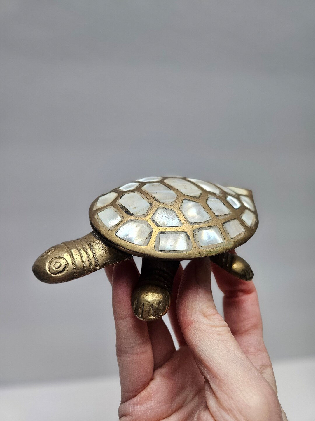 Vintage Brass Turtle With Inlaid Mother of Pearl Shell, Brass Turtle ...