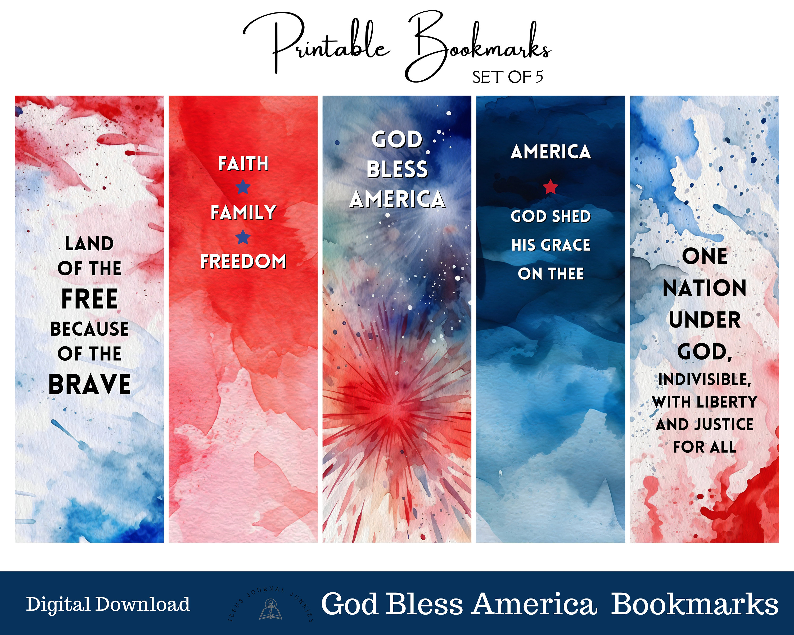 God Bless America Bookmarks, 4th of July, Stars & Stripes, Printable ...