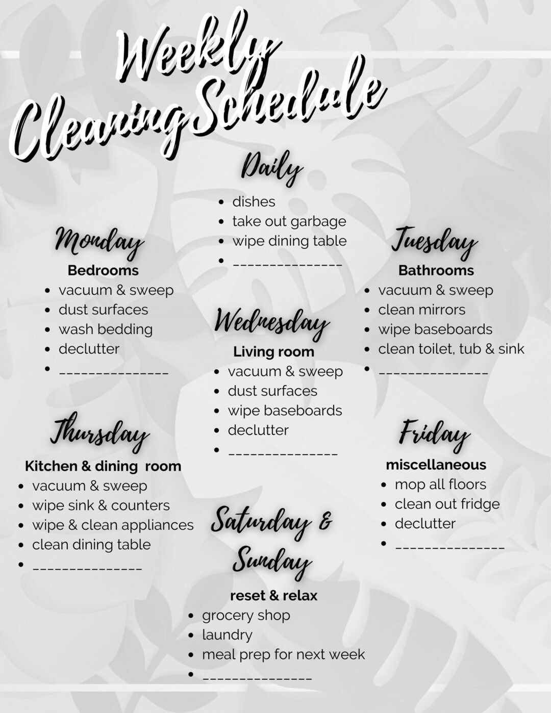 Weekly Cleaning Schedule, to Do List, Organized Planner, Digital ...