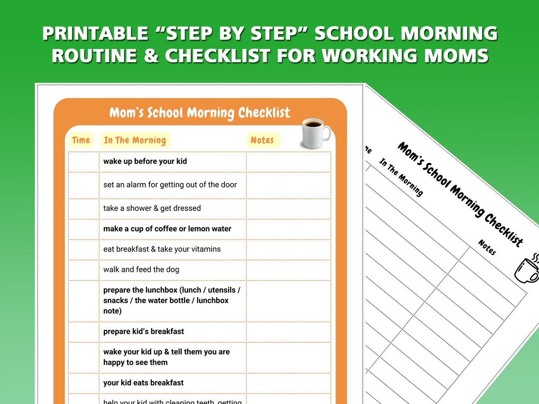 School Morning Checklist for Working Moms Printable School Morning and ...