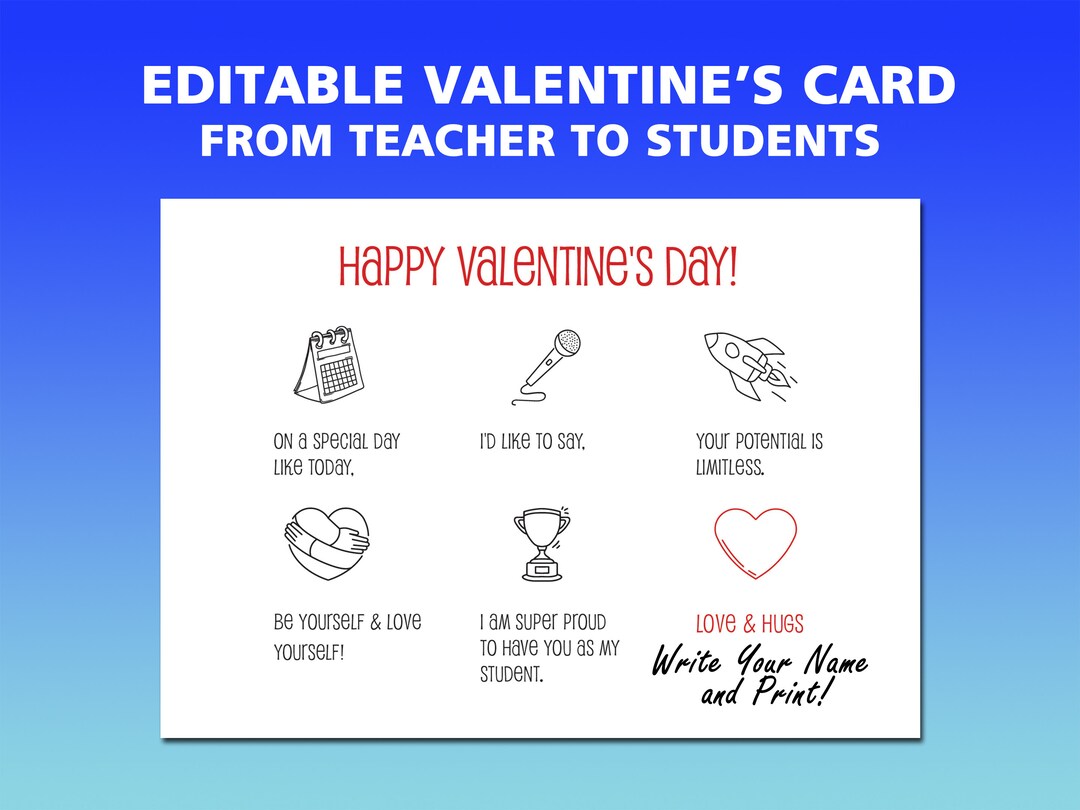 Valentine's Day Editable & Printable Teacher to Student Card ...