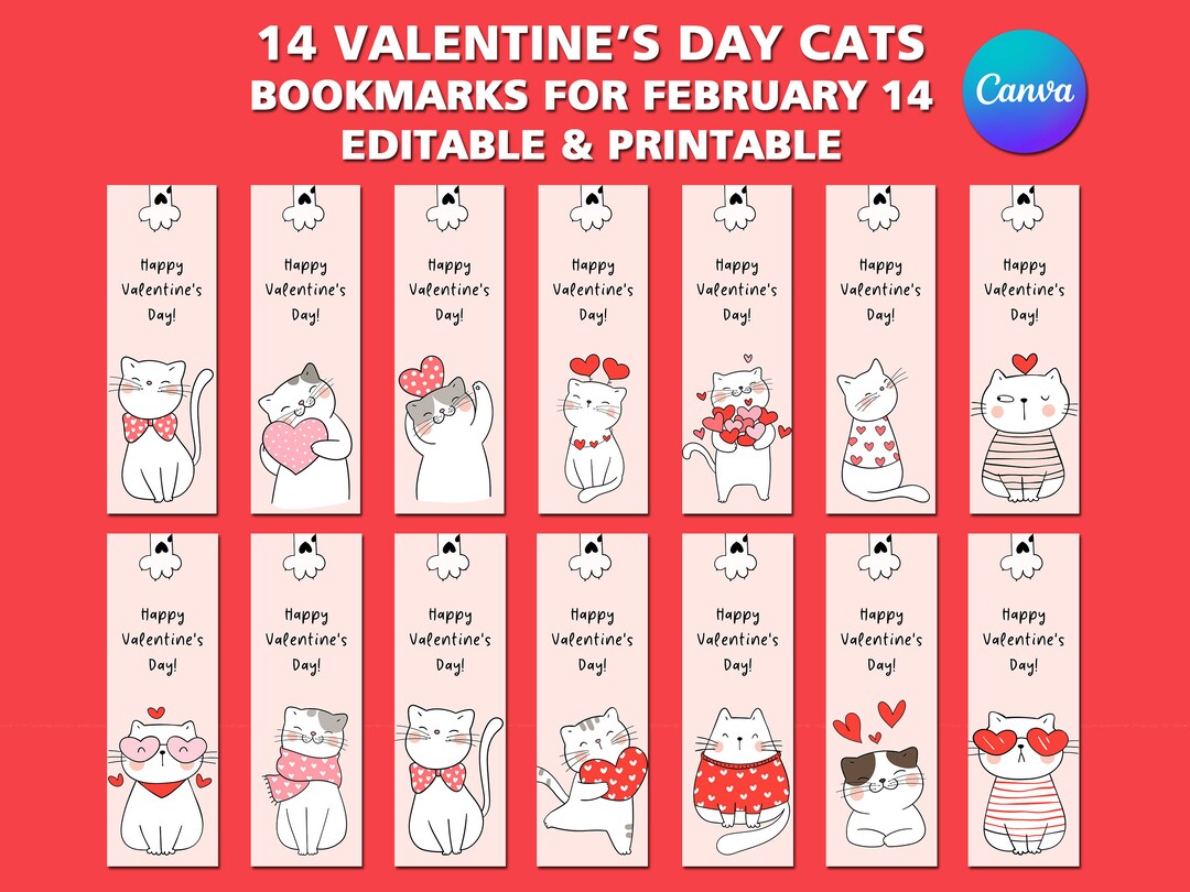 14 Cute Cats Valentine's Day Bookmarks | Printable Digital Editable ...