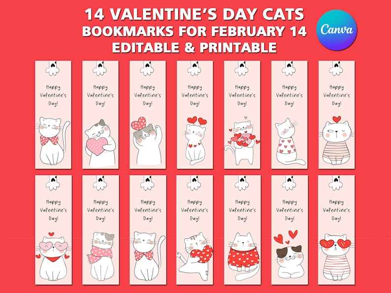 14 Cute Cats Valentine's Day Bookmarks | Printable Digital Editable ...
