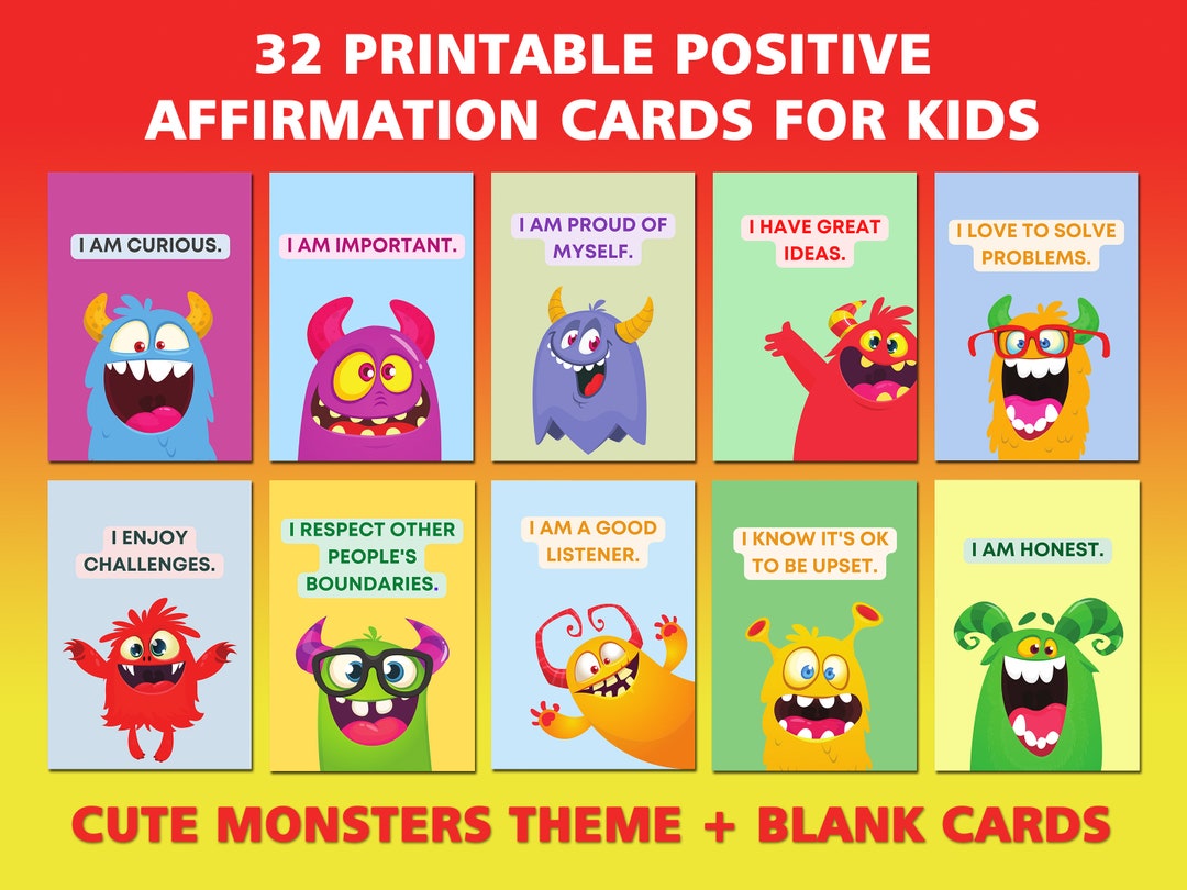 Printable Affirmation Cards for Kids | 32 Cute Monsters Themed Cards ...