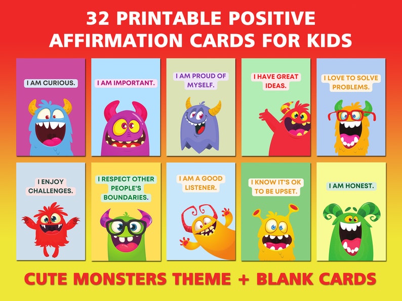 Printable Affirmation Cards for Kids | 32 Cute Monsters Themed Cards ...