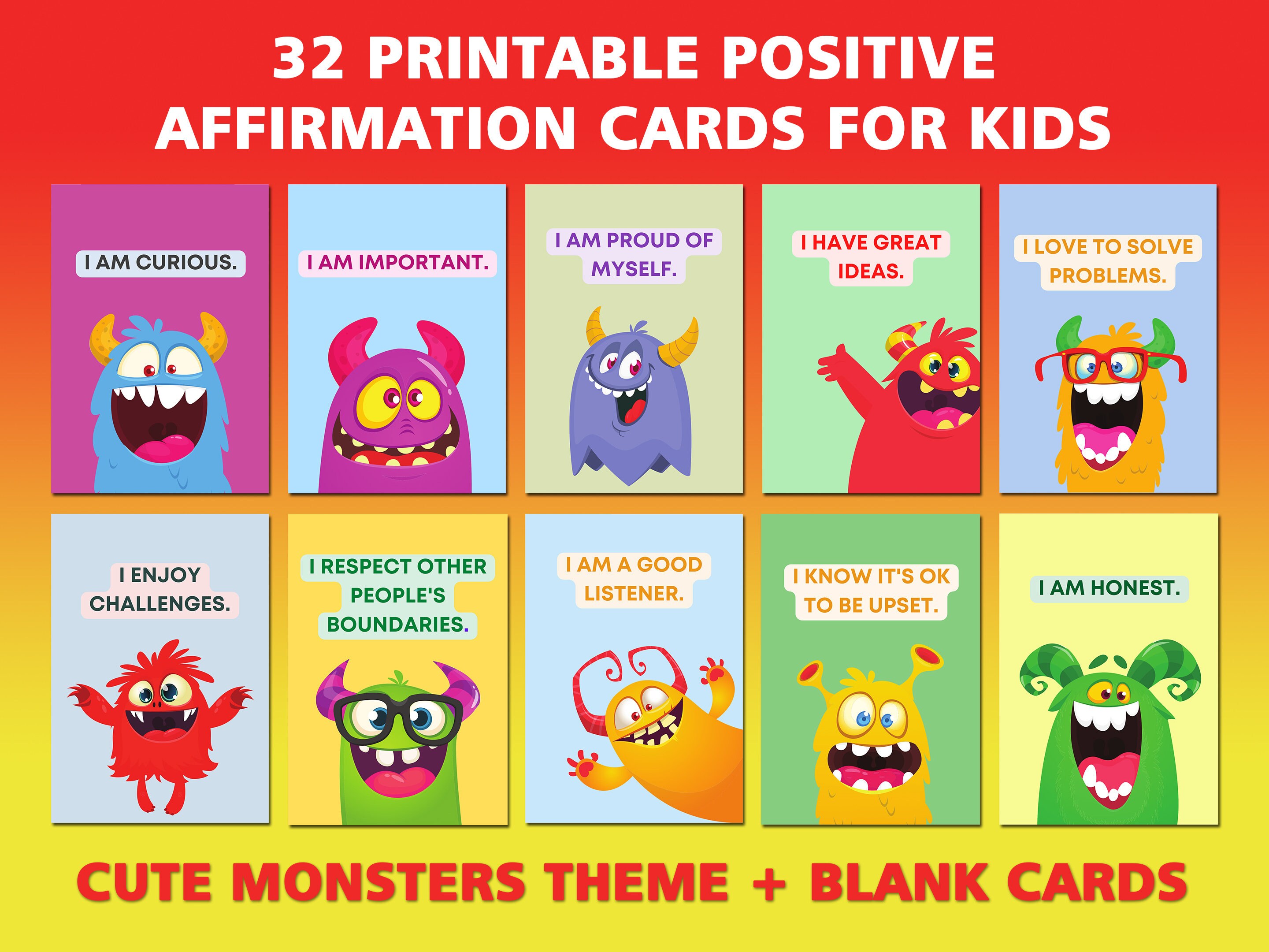 Printable Affirmation Cards for Kids | 32 Cute Monsters Themed Cards ...