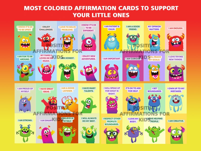 Printable Affirmation Cards for Kids | 32 Cute Monsters Themed Cards ...