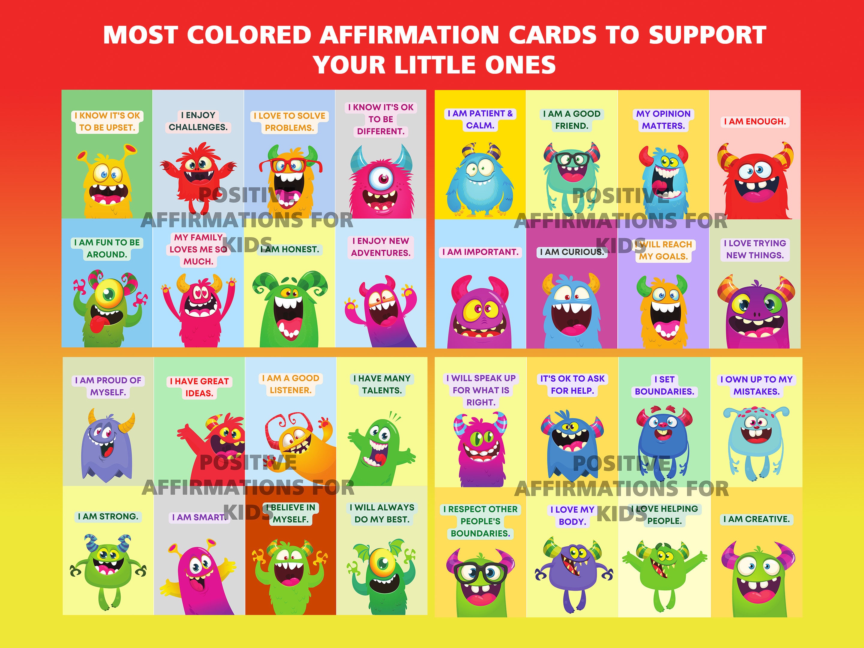 Printable Affirmation Cards for Kids | 32 Cute Monsters Themed Cards ...
