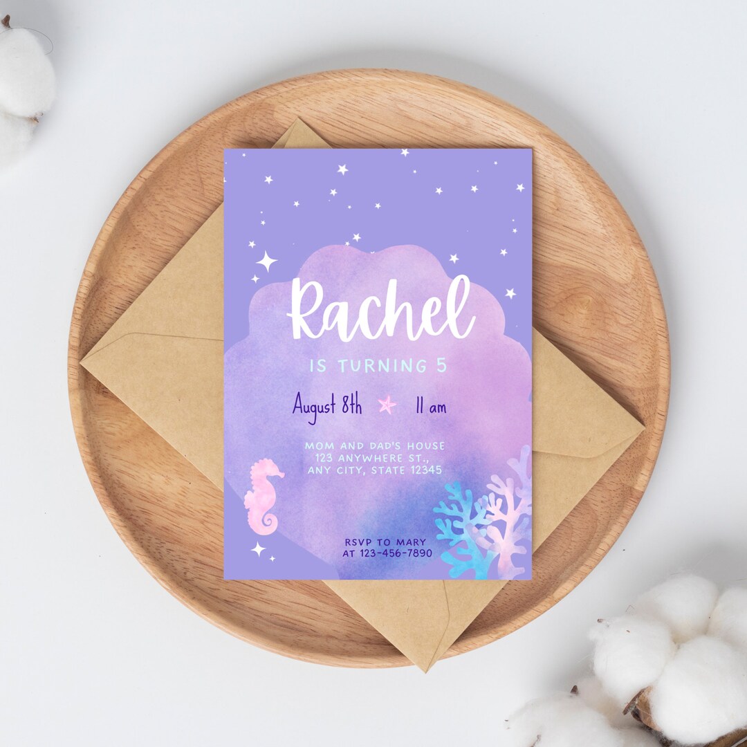 Sea Shell Birthday Invitation| Sea Shell Themed Invite| Purple Sea ...