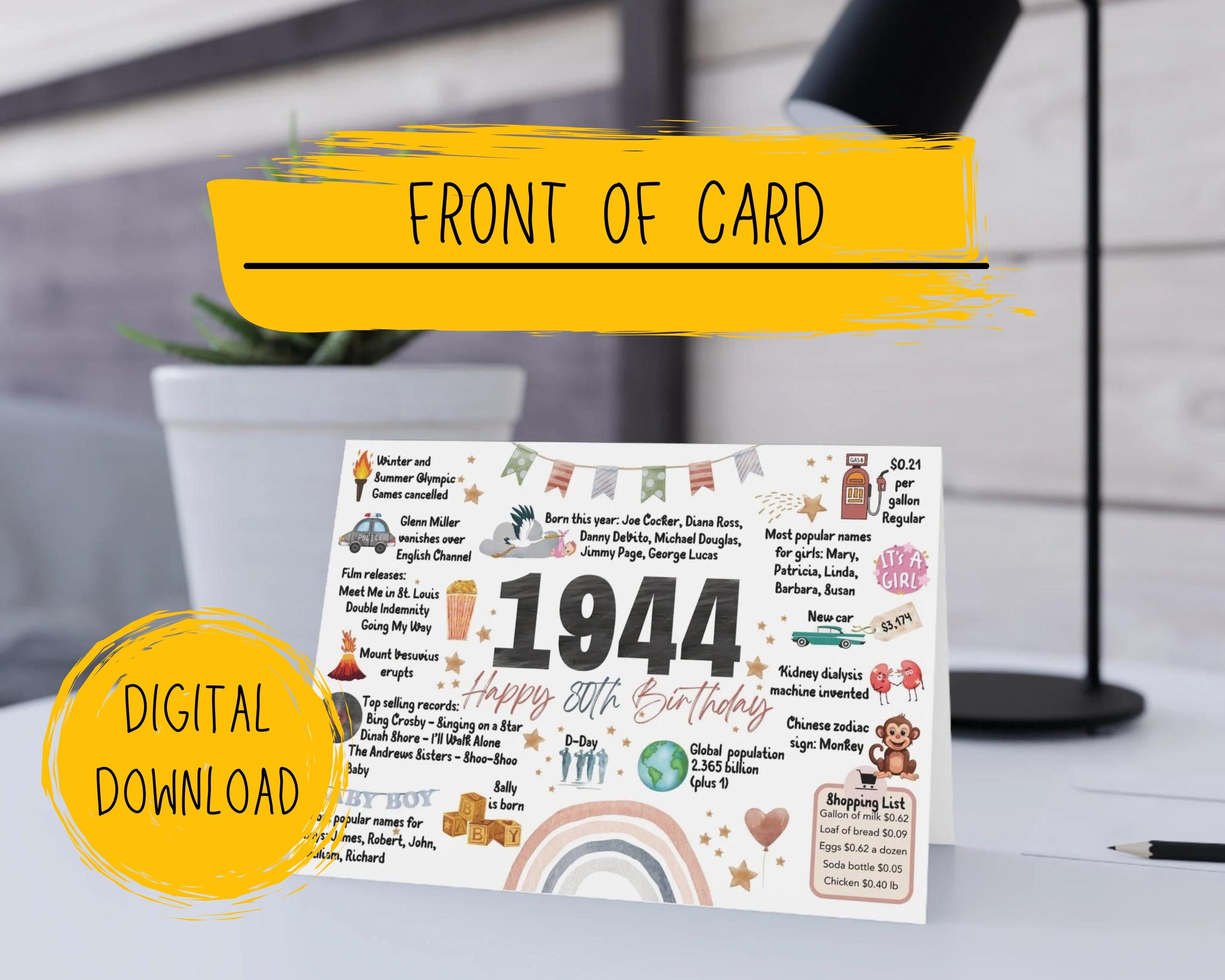 Printable Birthday Card, Happy Birthday 1944, Birthday Card Born in ...