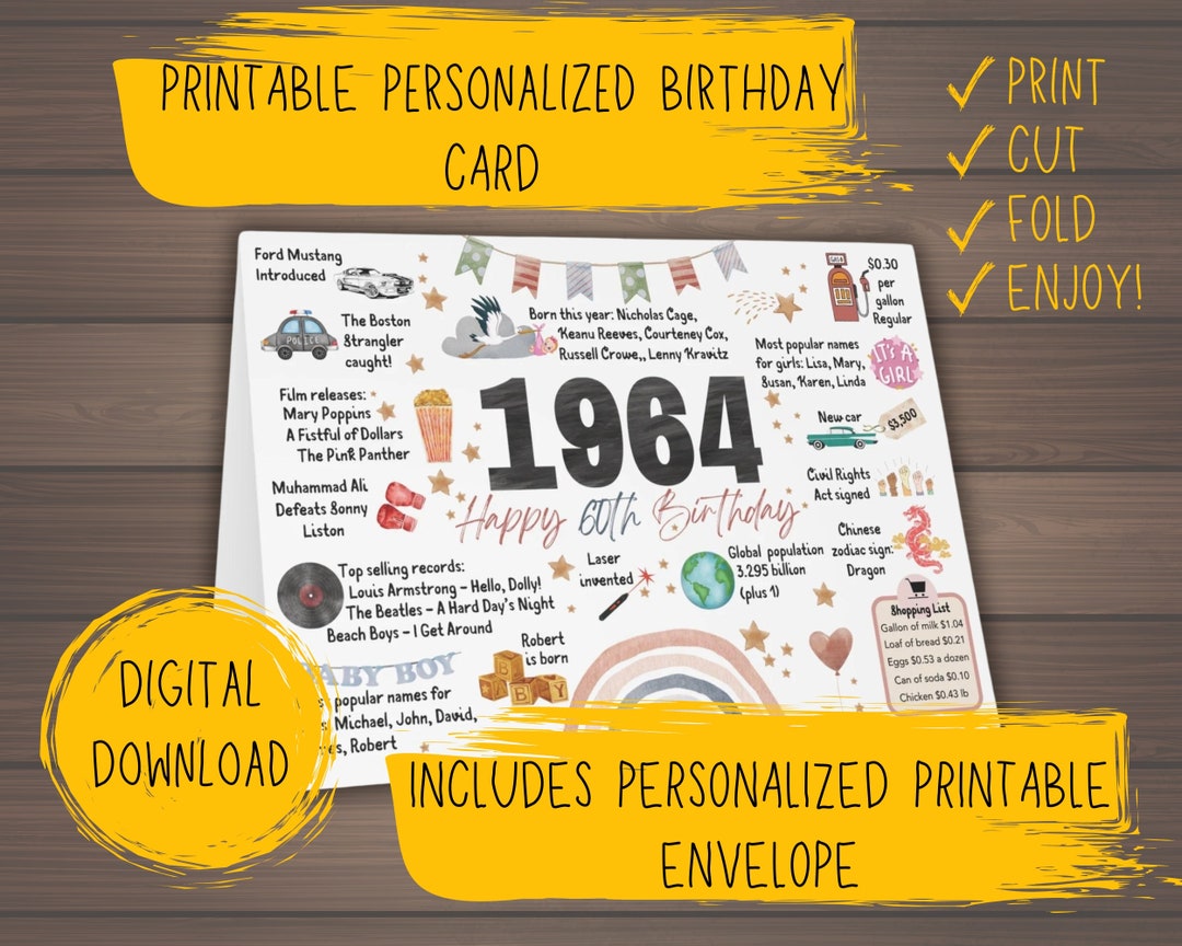 Printable Birthday Card, Happy Birthday 1964, Birthday Card Born in ...