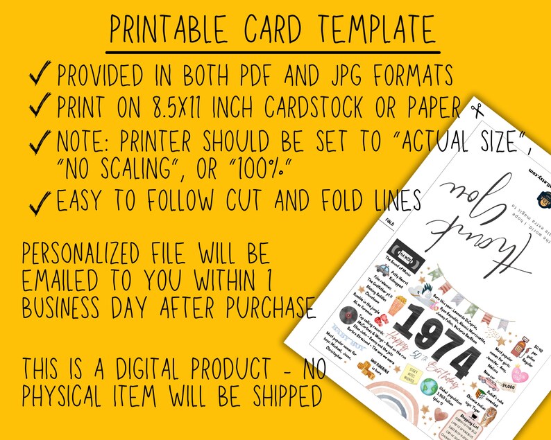 Printable Birthday Card, Happy Birthday 1974, Birthday Card Born in ...